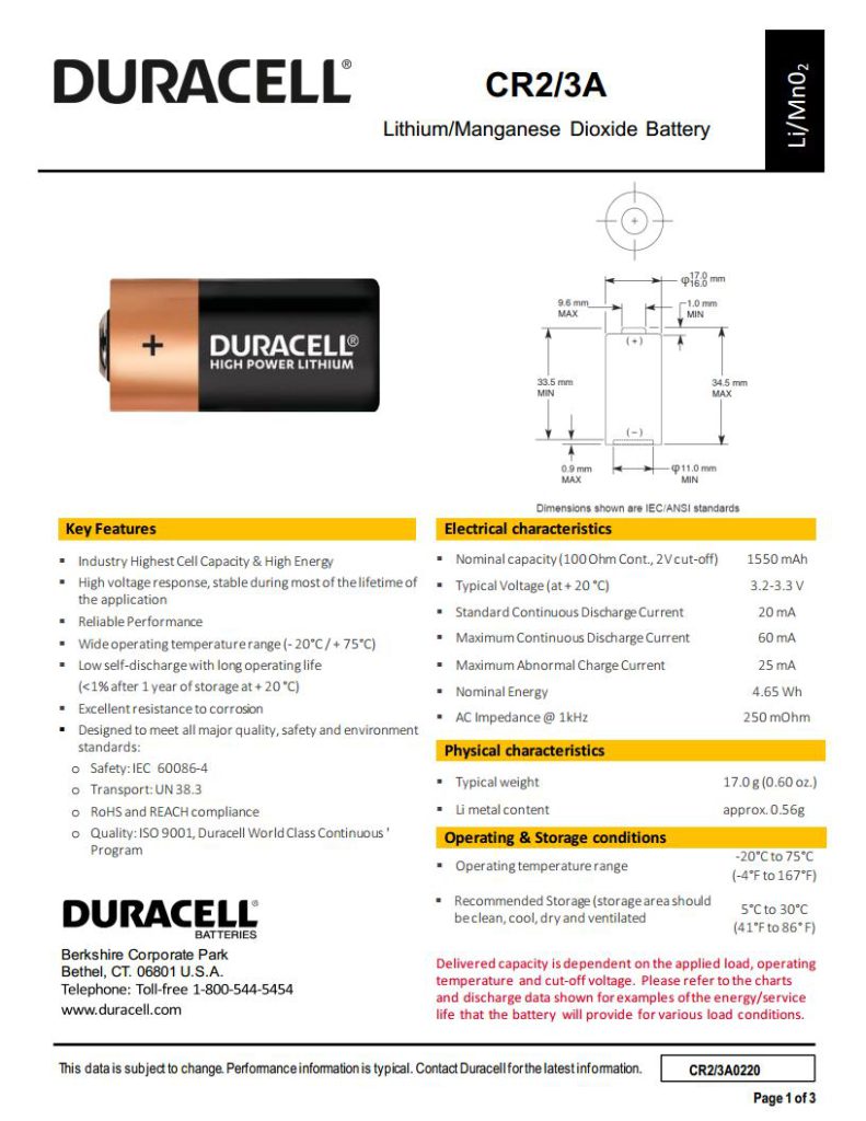 Pin Duracell Lithium 3V CR2/3A CR17345 CR123A Manganese Dioxide Battery ...
